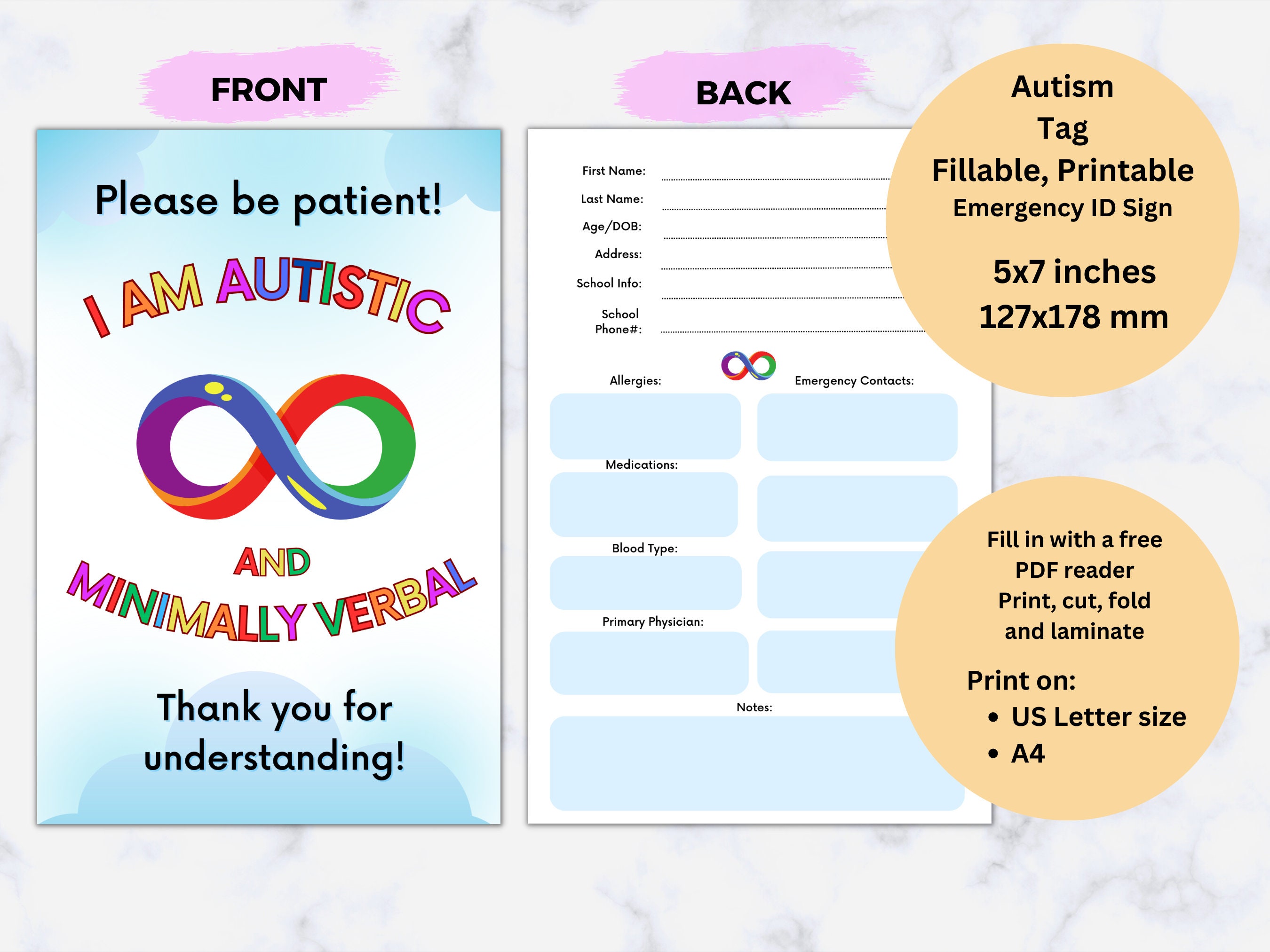 Autism Card Fillable, Rainbow Editable Sign, Printable, I Am Autistic ...