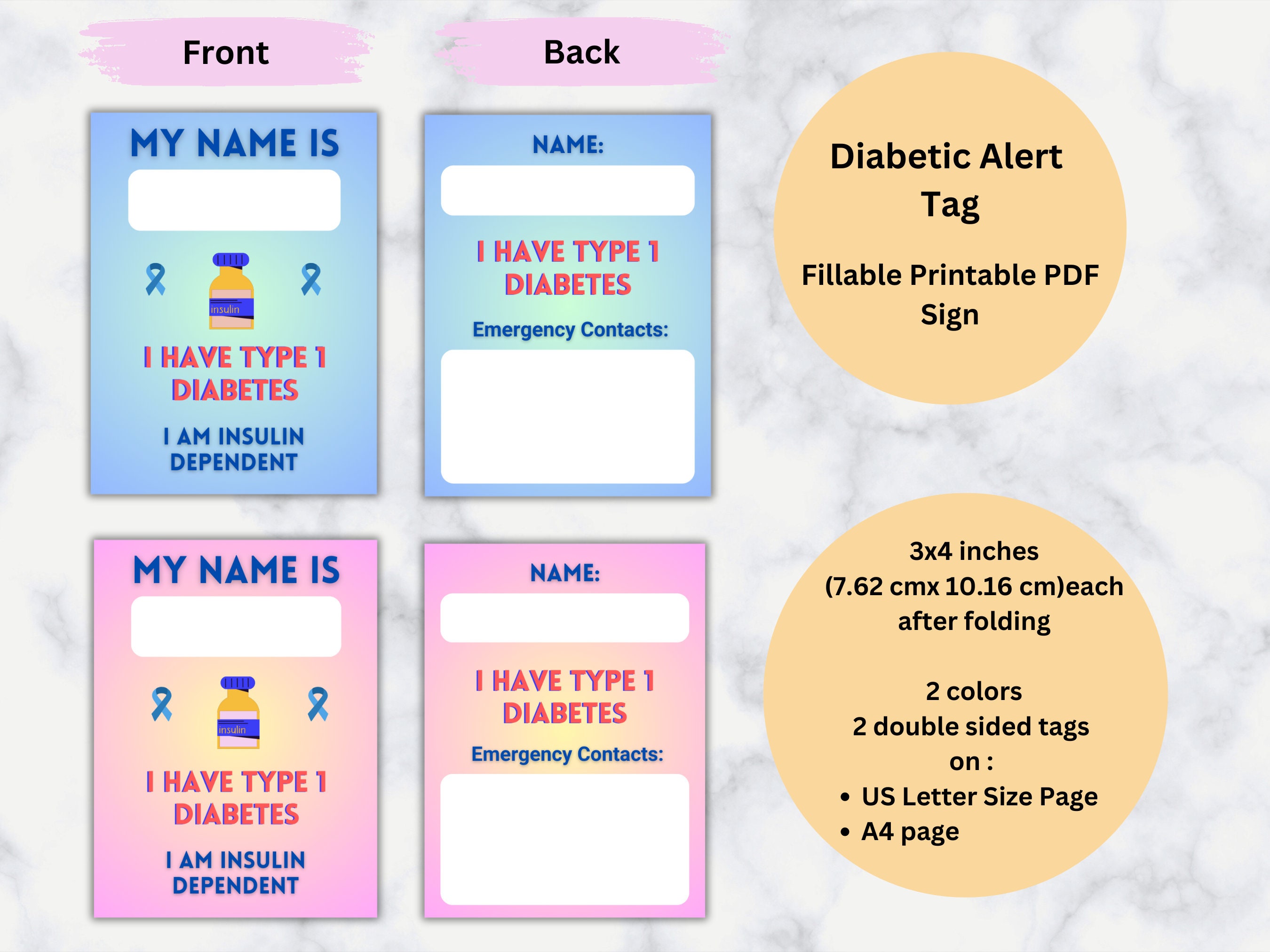 Diabetes Alert Tag, Type I Diabetes Sign, Emergency ID, Safety Info ...