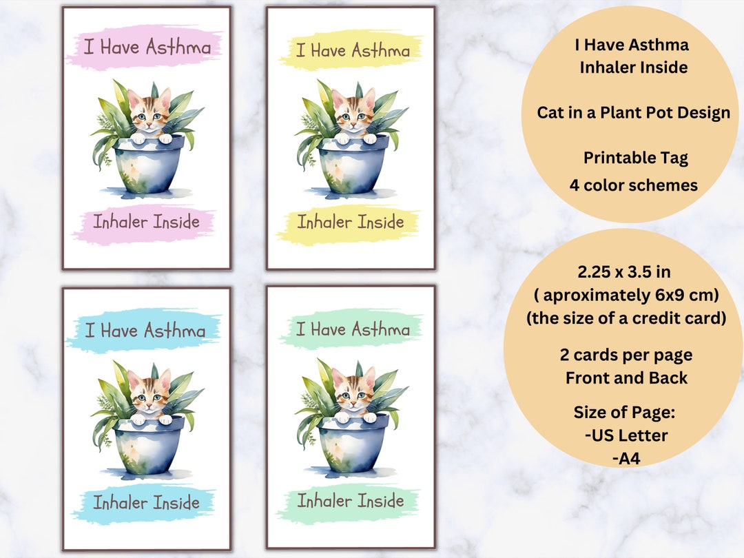 I Have Asthma Alert, Asthma Bag Tag, Printable, Cat in a Plant Pot ...