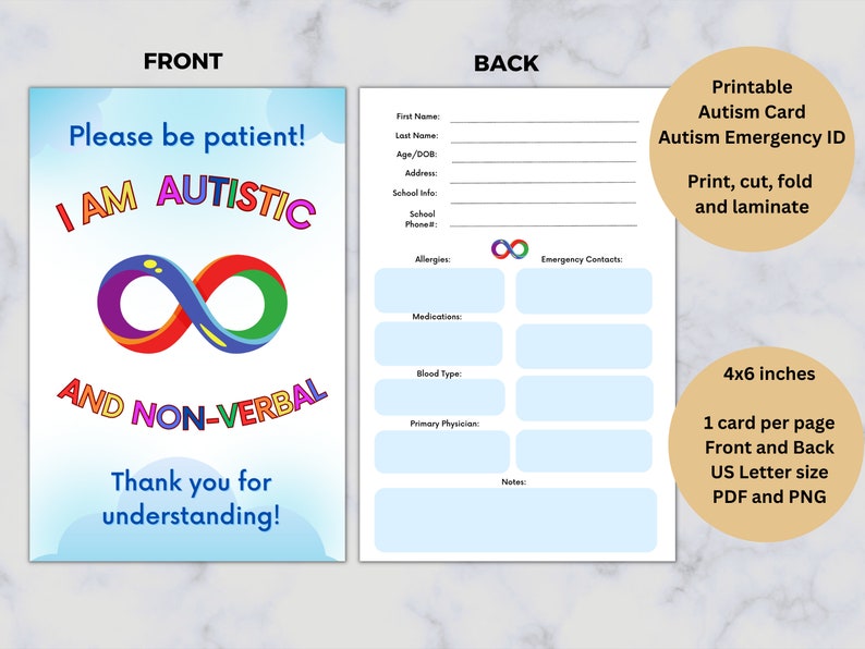 Autistic and Non-verbal Card, Printable, Autism Emergency ID, I Am ...