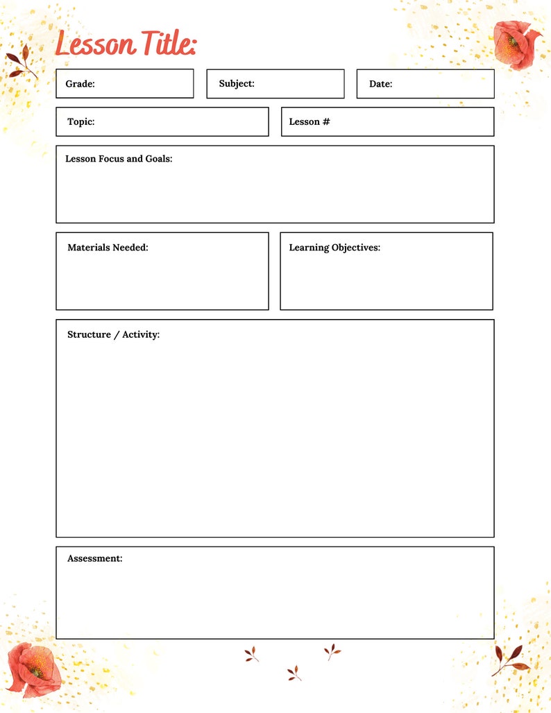 Lesson Plan Template Printable Lesson Plan Teacher Lesson - Etsy