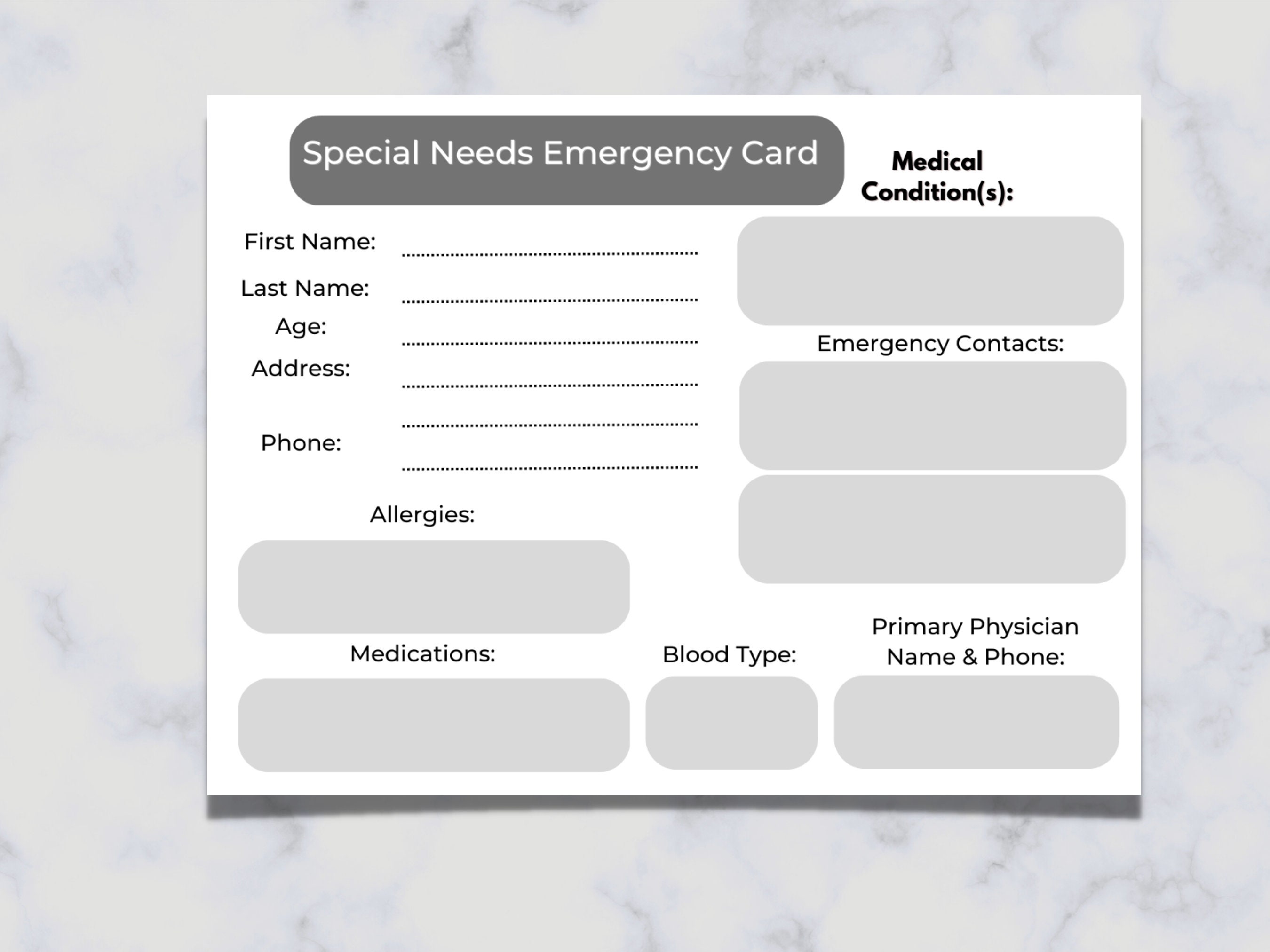 Special Needs Kids Emergency Card, Printable, in Case of Emergency ...