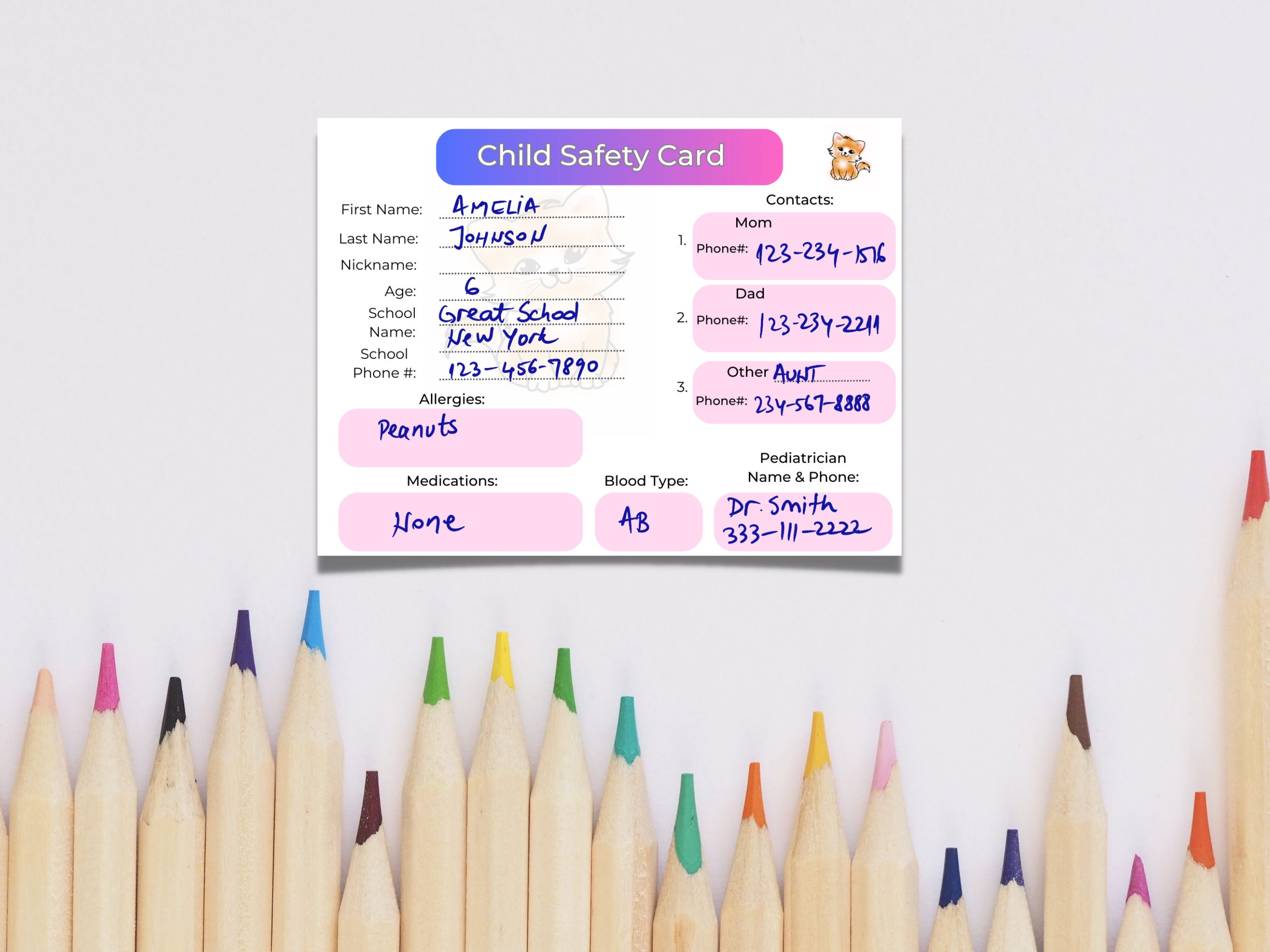 Cat Child Safety Card, Printable, Child Safety Backpack Note, Emergency ...