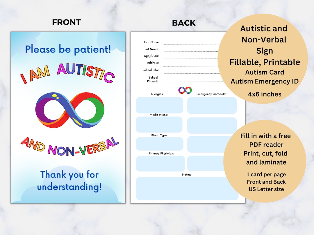 Fillable Autistic and Non-verbal Sign, Rainbow Badge, Printable Autism ...