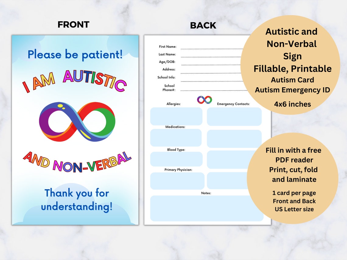 Fillable Autistic and Non-verbal Sign, Rainbow Badge, Printable Autism ...