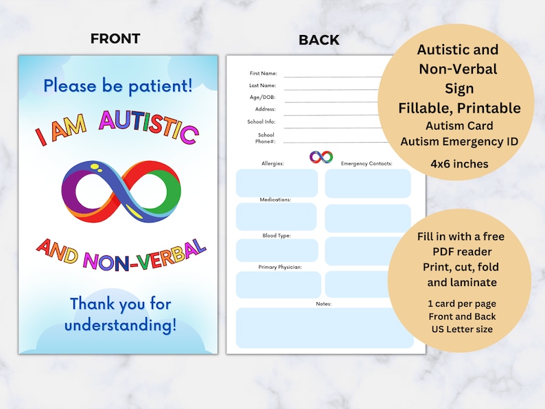 Fillable Autistic and Non-verbal Sign, Rainbow Badge, Printable Autism ...