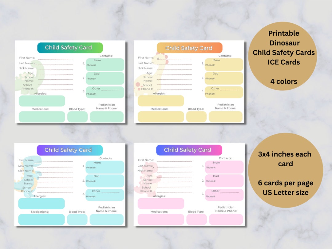 Dinosaur Child Safety Card, Printable, Child Safety Backpack Note ...