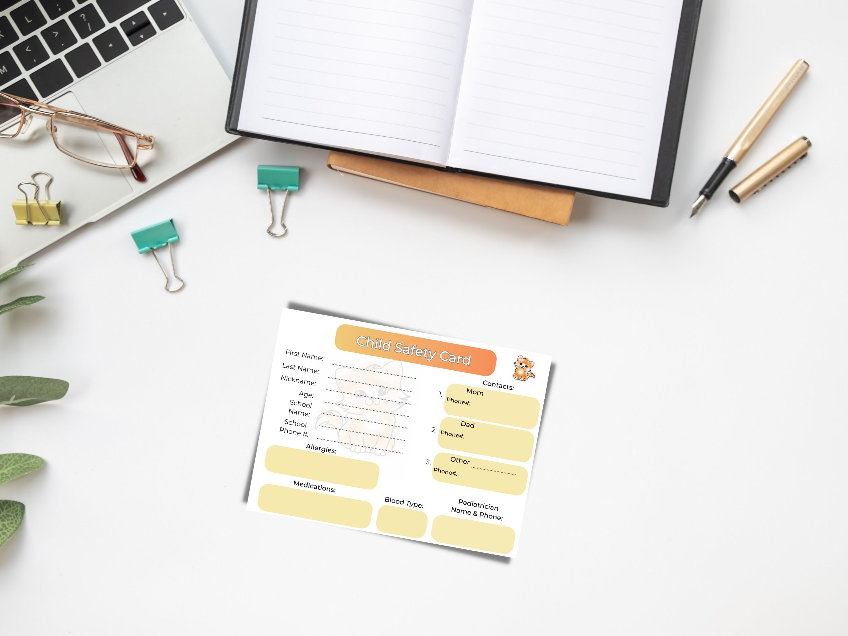 Cat Child Safety Card, Printable, Child Safety Backpack Note, Emergency ...