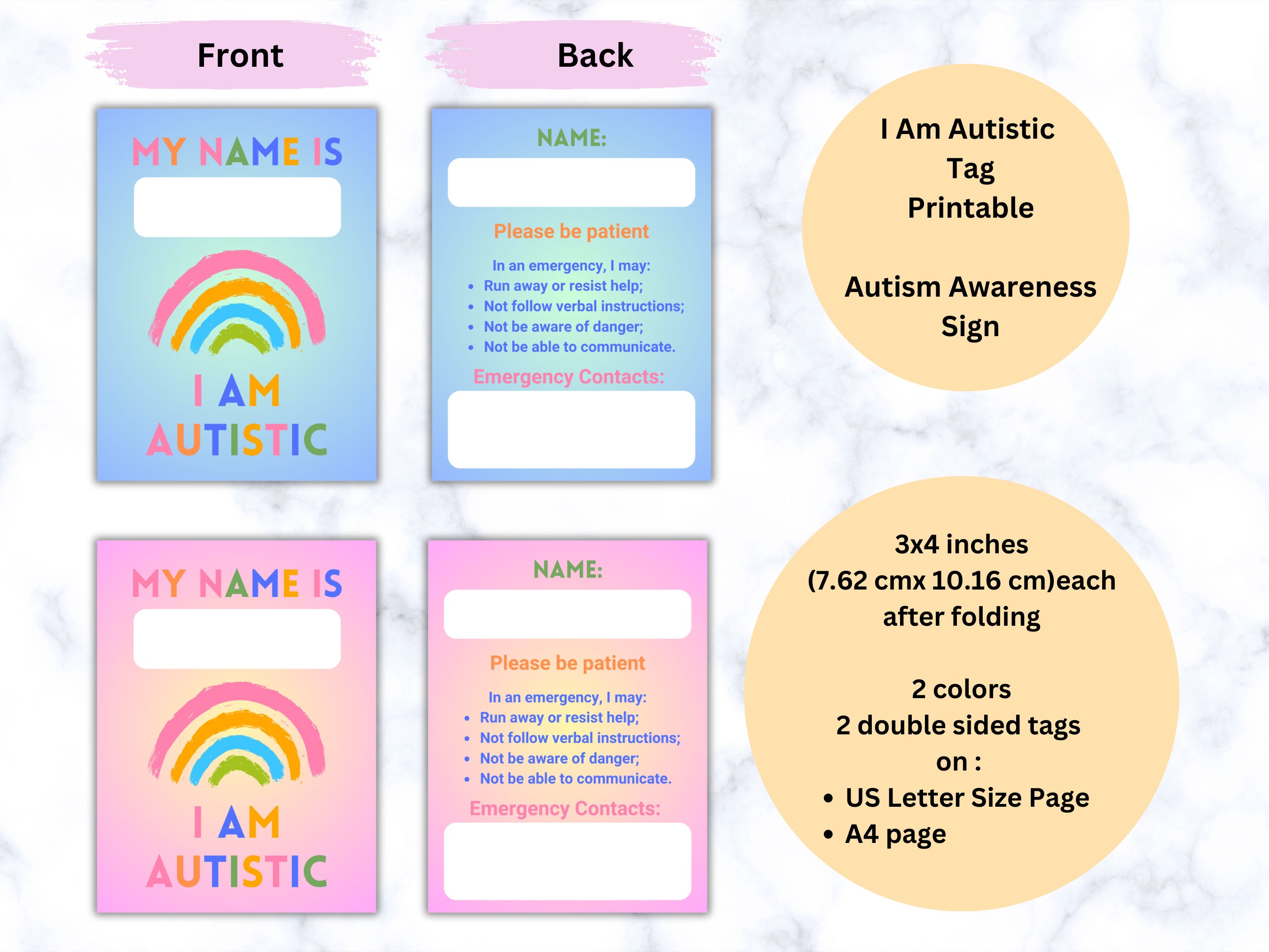 I Am Autistic Tag, Printable, Autism Emergency ID, Autism Card, Safety ...