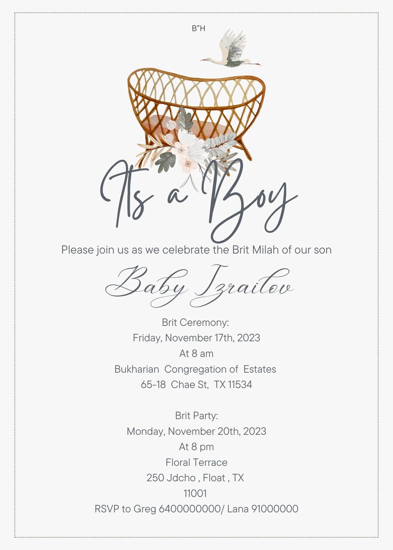 Editable Brit Milah Invitation Template | It's a Boy Bris Ceremony ...