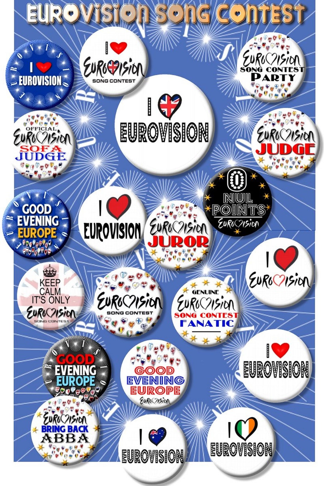 I Love Eurovision - Set of 20 X Eurovision Song Contest Party Button ...
