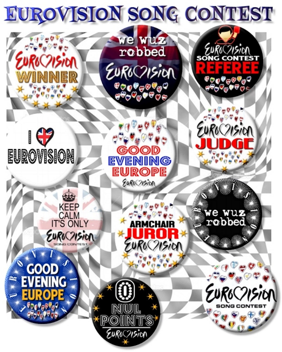 I Love Eurovision - Set of 12 X Eurovision Song Contest Party Button ...