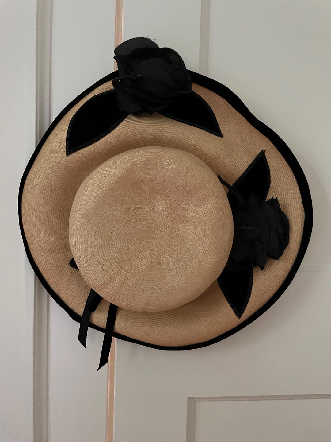 1940s Custommade Straw Sun Hat With Velvet Bow and Flowers - Etsy