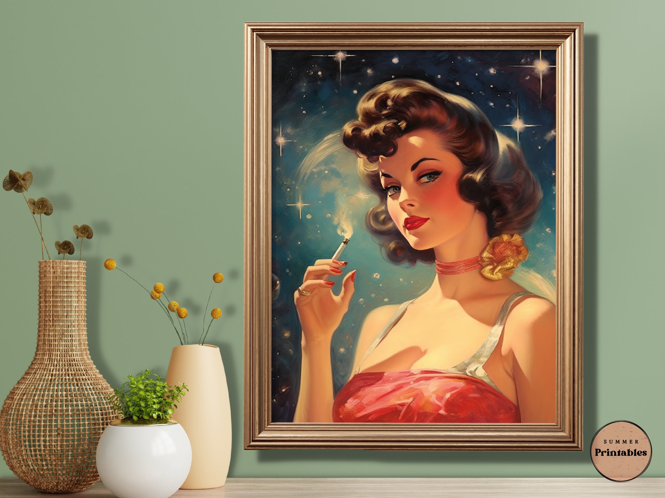 1950s Woman Smoking in Space Art Print | Retro Home Decor (digital ...