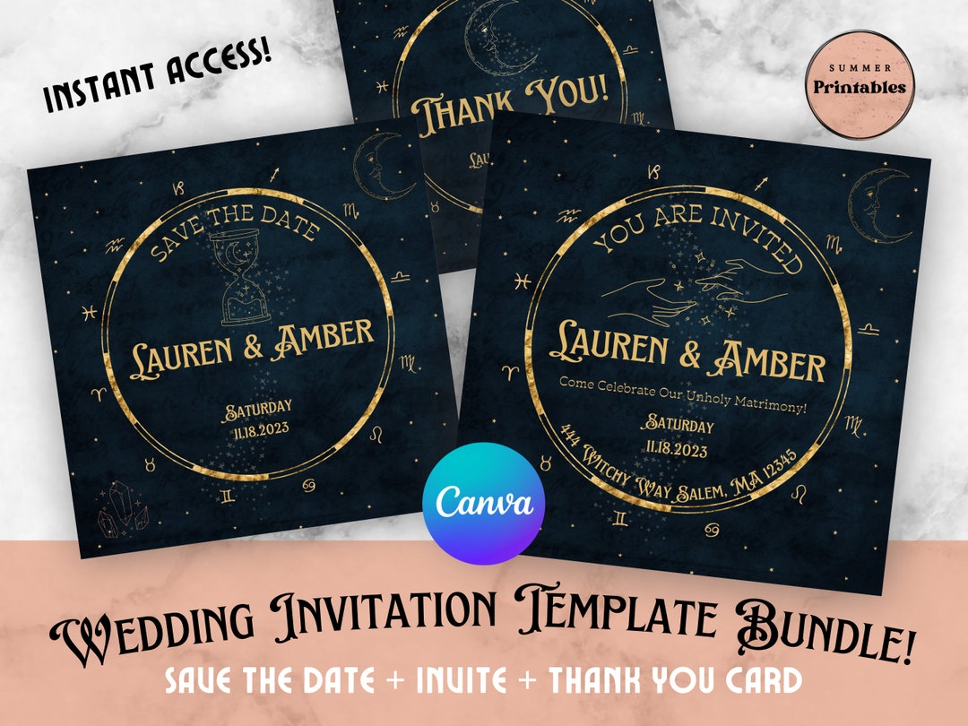 Witchy Wedding Invitation Template Bundle, Editable Save the Date ...