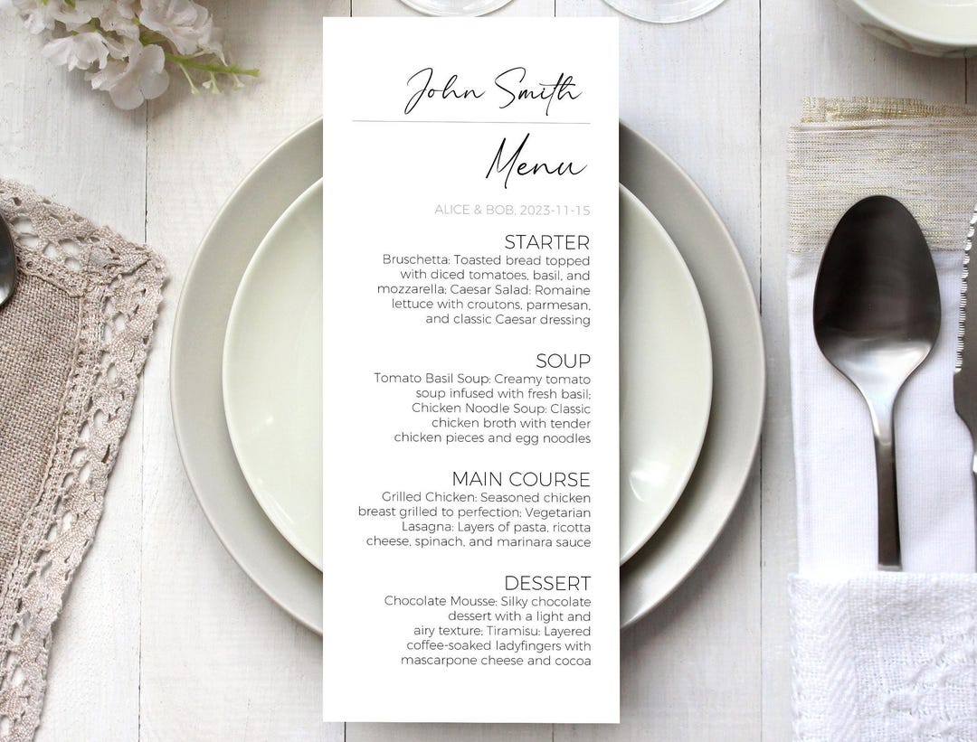 Personalised Guest Menu in Minimalist Design - BT107 | Menu Place Card ...