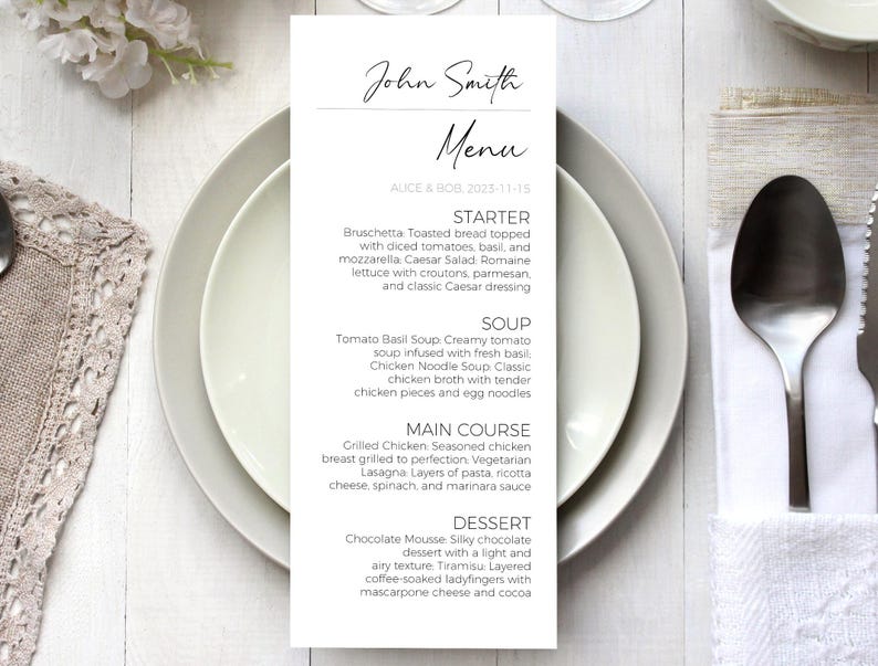 Personalised Guest Menu in Minimalist Design - BT107 | Menu Place Card ...