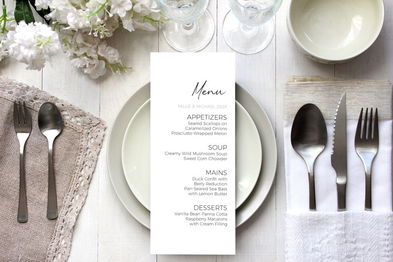 Personalised Guest Menu in Minimalist Design - BT107 | Menu Place Card ...