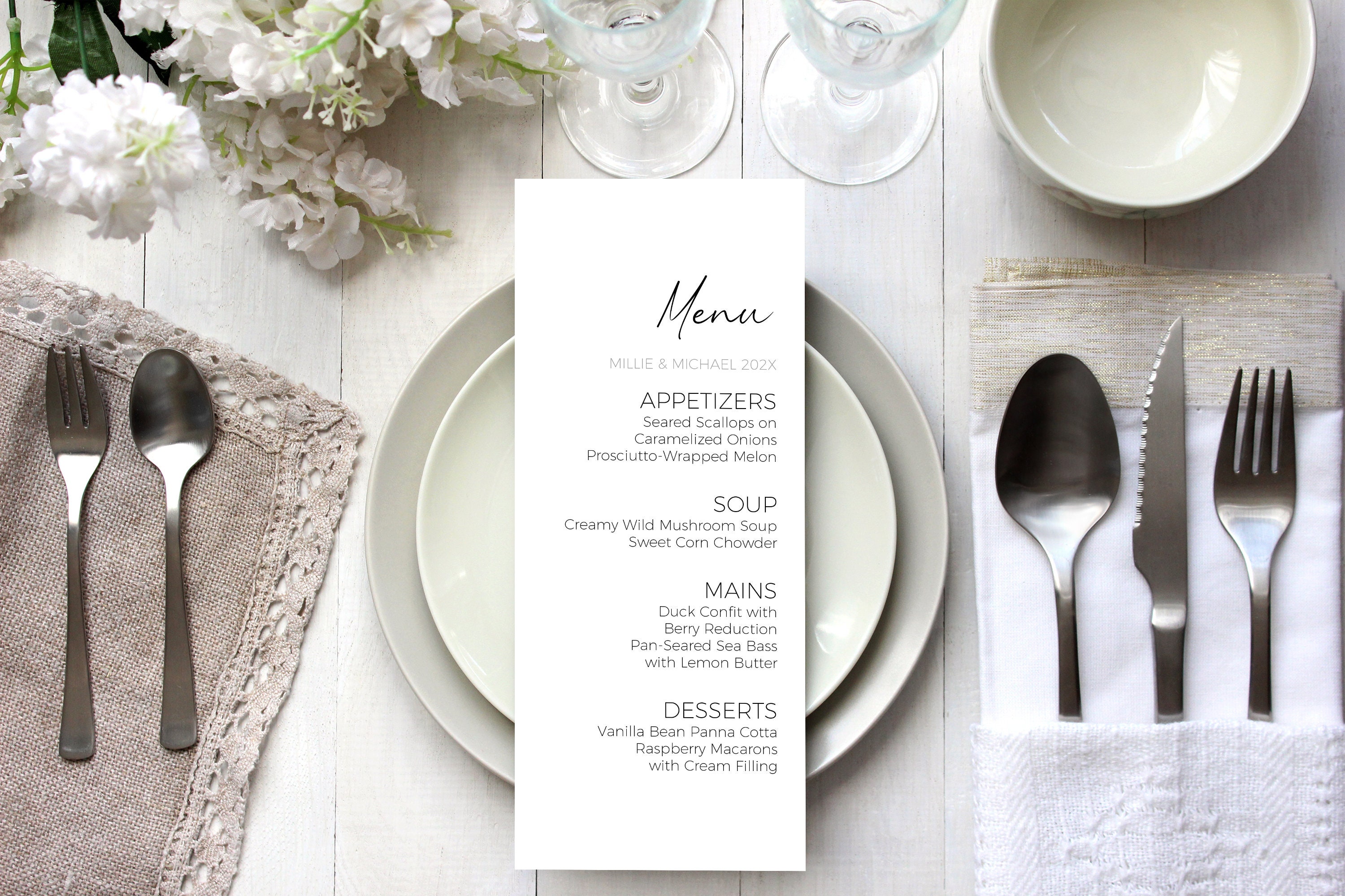 Personalised Guest Menu in Minimalist Design - BT107 | Menu Place Card ...