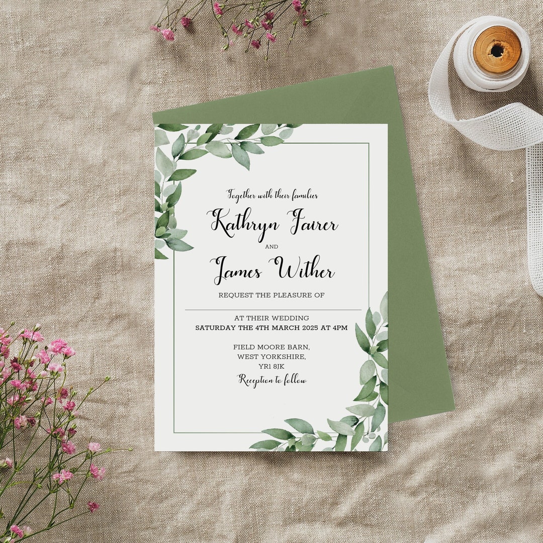 Greenery Wedding Invitation Green Leaves Invite Two-sided Details on ...