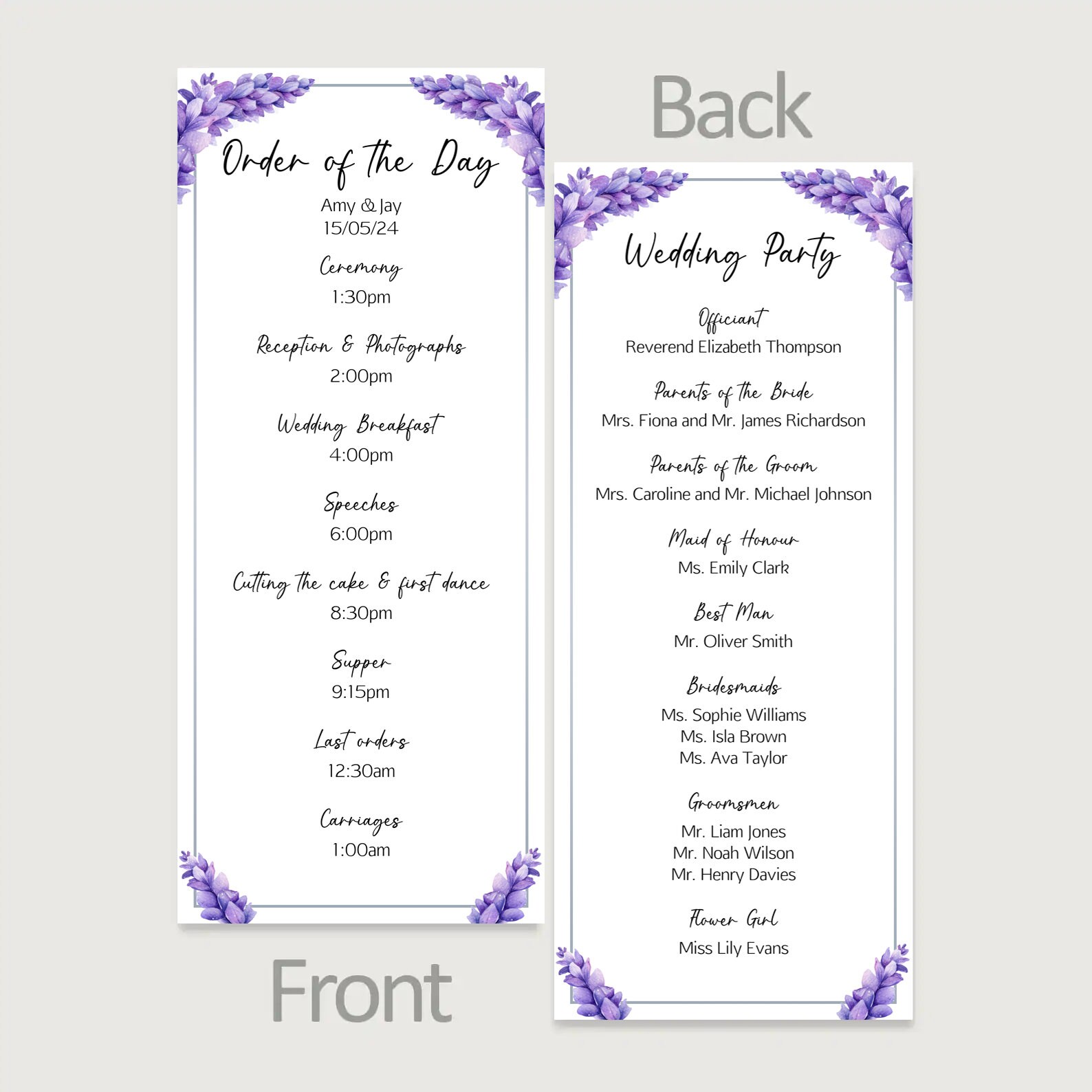 Wedding Order of the Day, Order of Events, Timeline, Order of Service ...