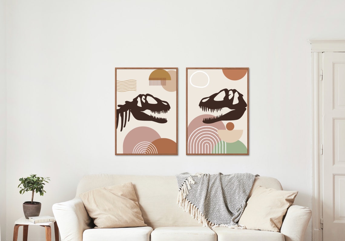 Dinosaur Boho Art Print, Dino Skull Modern Art, T-rex Bones Decor ...