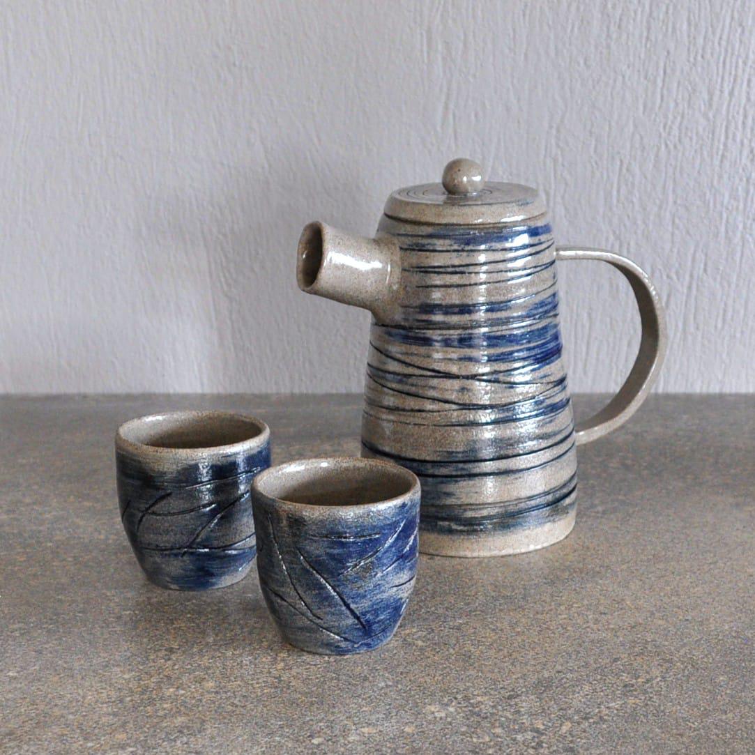 Handmade Ceramic Tea Set, Blue Stoneware Teapot and Two Cups, Japanese ...