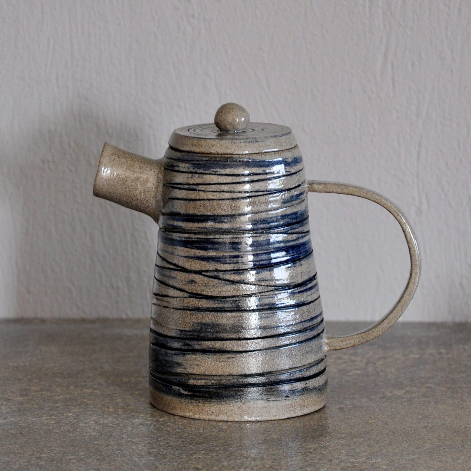Handmade Ceramic Tea Set, Blue Stoneware Teapot and Two Cups, Japanese ...
