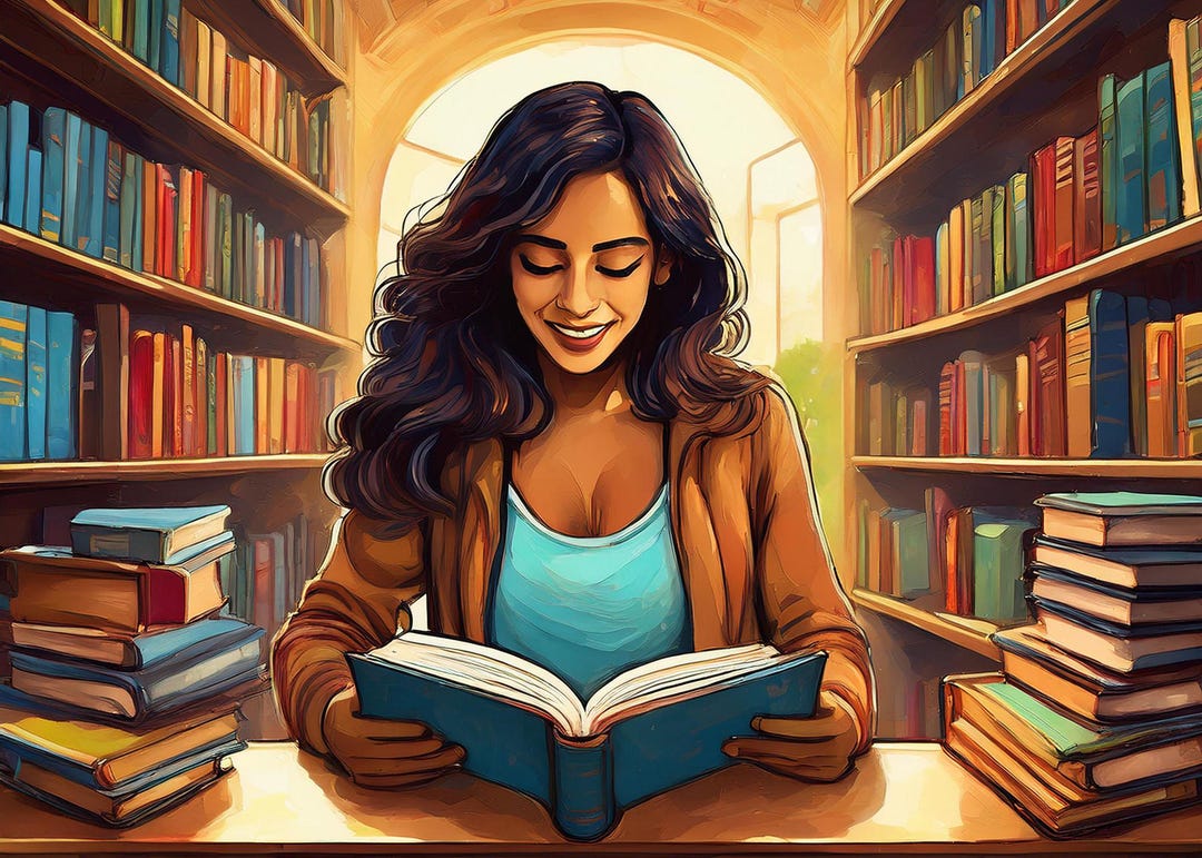 Animated Woman Reading in a Library - Etsy