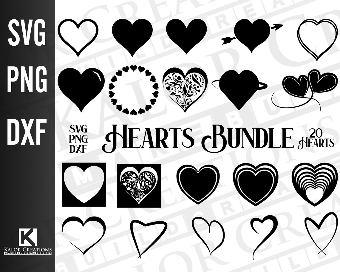 Hearts Bundle SVG, Hearts PNG, DXF Digital Download, 20 Heart Designs ...