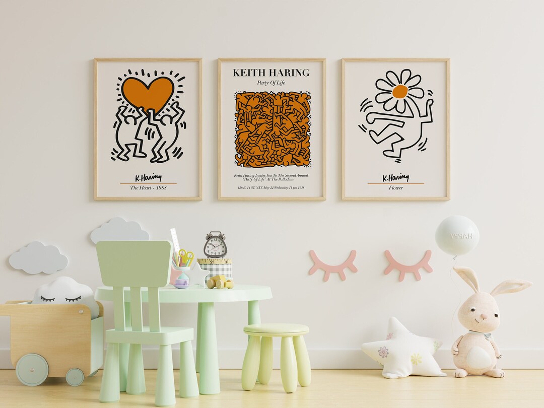 Keith Haring Set of 3 Wall Art Decor, the Heart, Party of Life, Flower ...