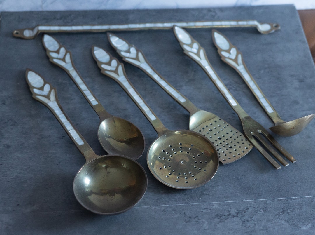 Vintage Brass Utensil Set With Mother-of-pearl Inlay and Display Bar - Etsy