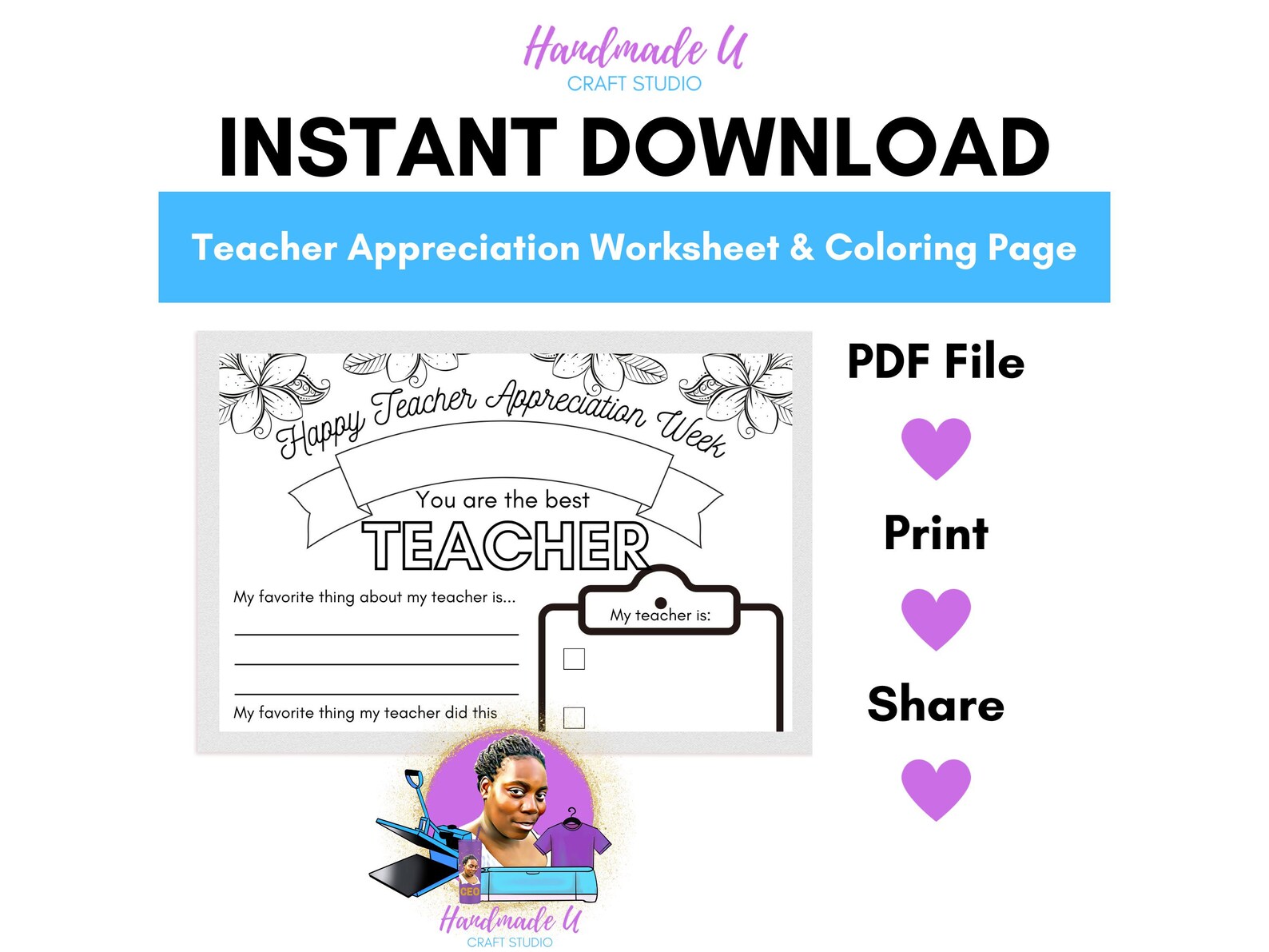 Teacher Appreciation Week Floral Worksheet Coloring Page Printable PDF ...