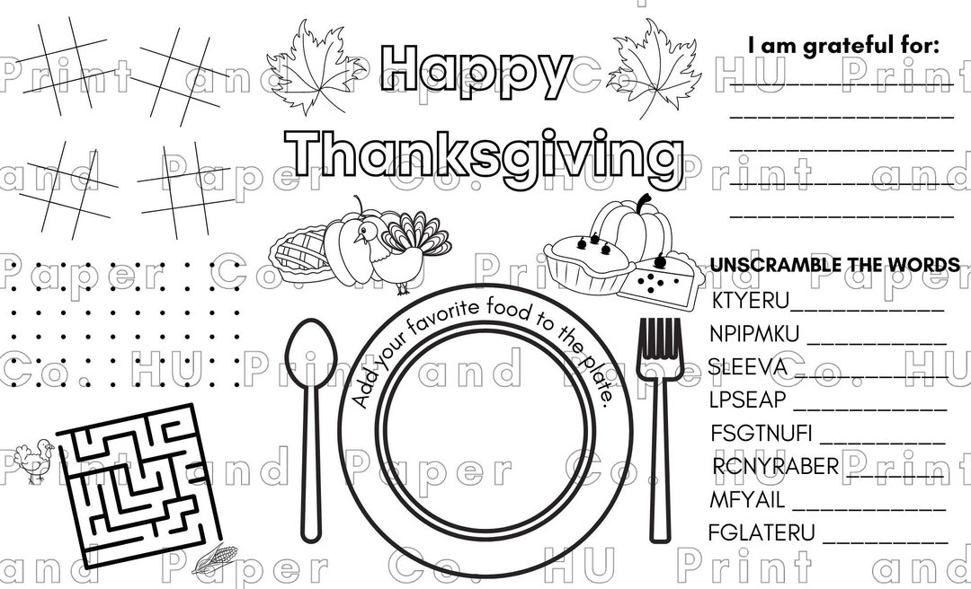 Thanksgiving Placemat Worksheet Coloring Page Printable PDF Great for ...