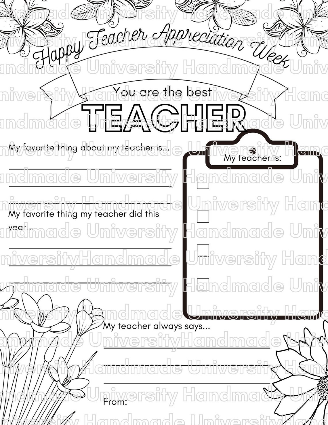 Teacher Appreciation Week Floral Worksheet Coloring Page - Printable ...