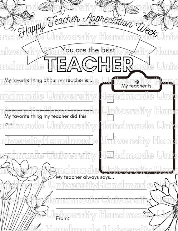 Teacher Appreciation Week Floral Worksheet Coloring Page - Etsy