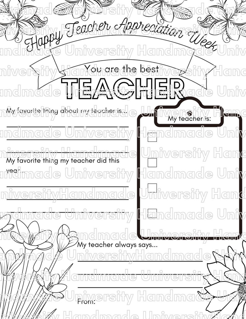 Teacher Appreciation Week Floral Worksheet Coloring Page - Printable ...