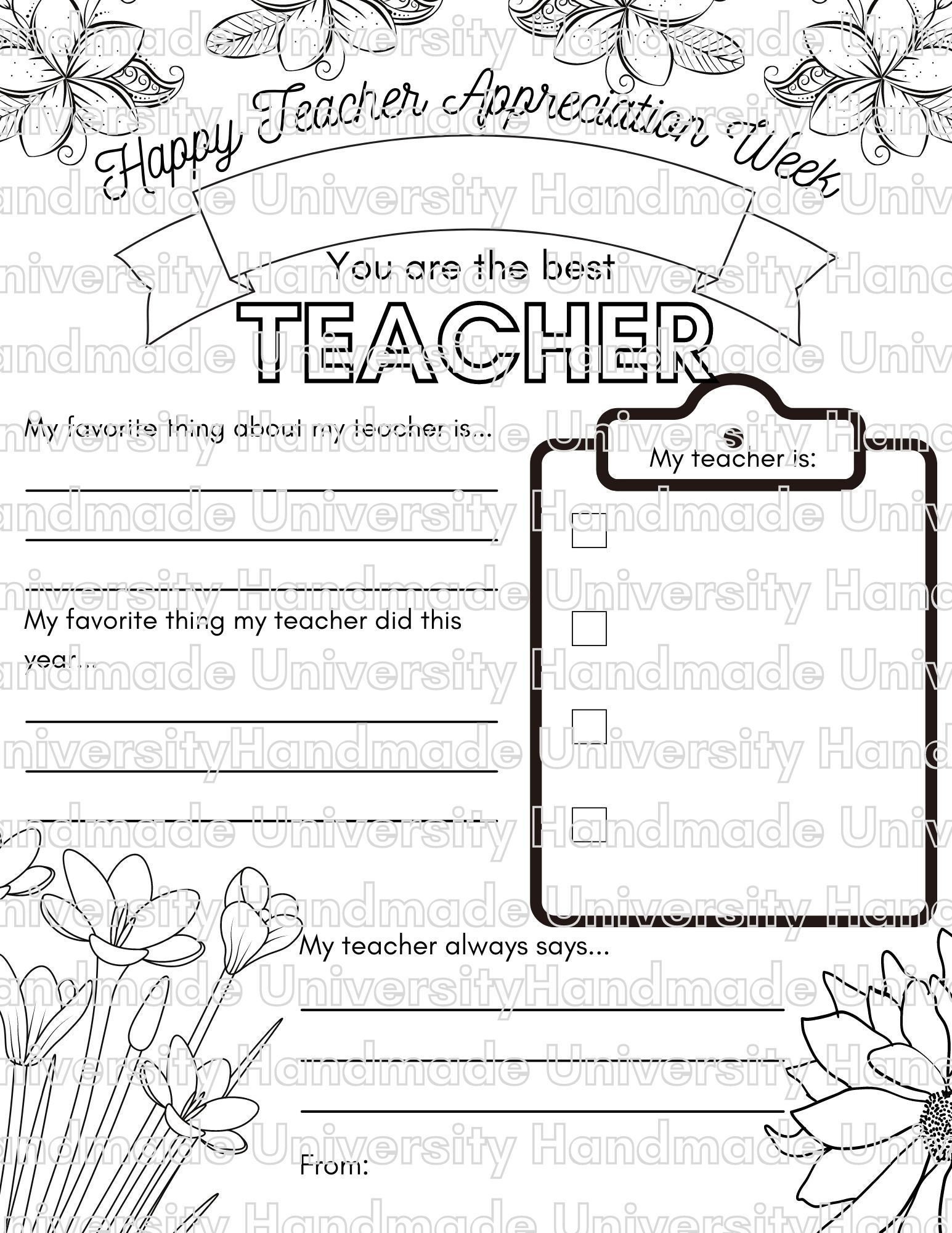 Teacher Appreciation Week Floral Worksheet Coloring Page - Printable ...