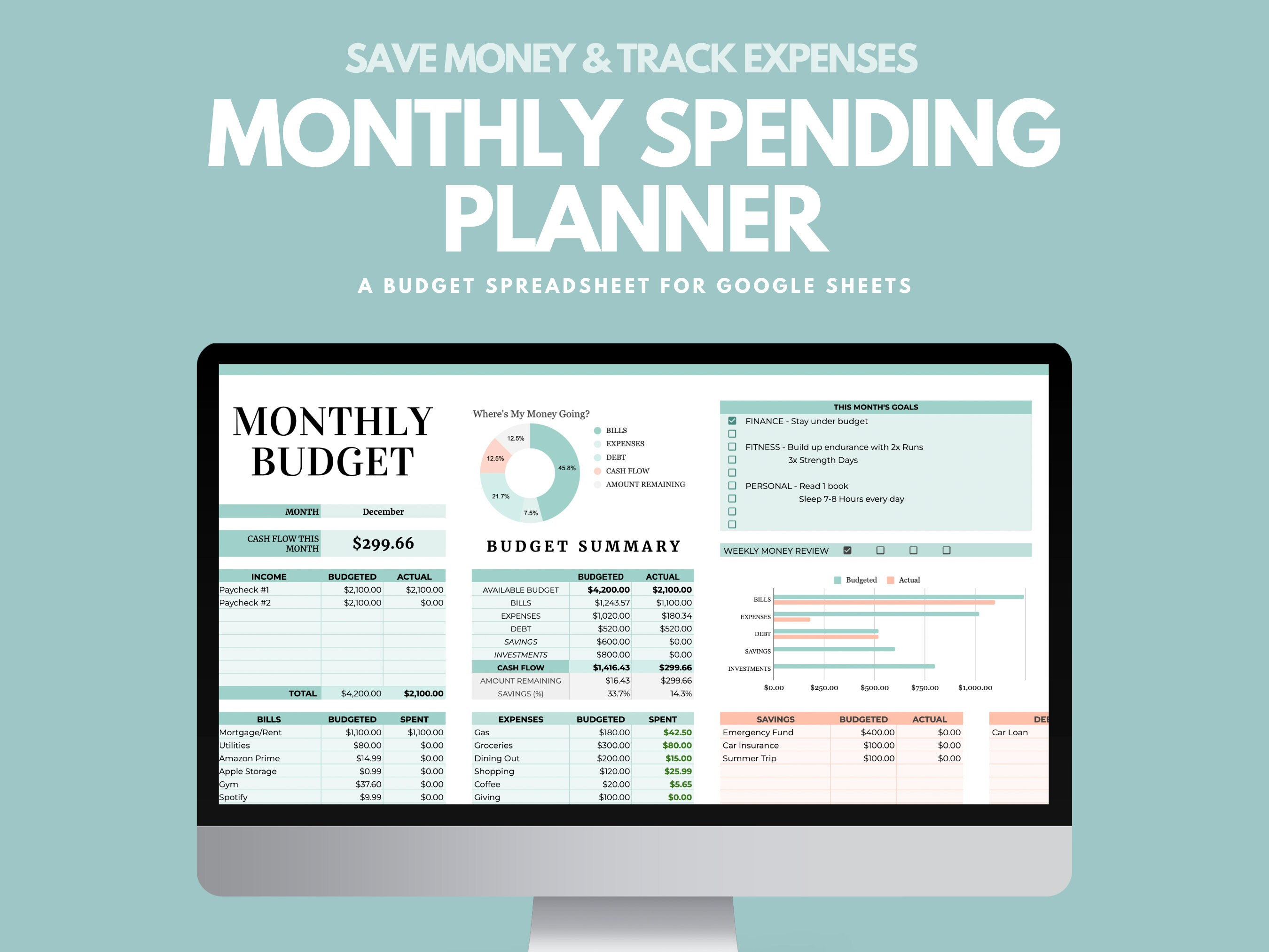 Simple Monthly Budget Spreadsheet | Monthly Budget Spending Tracker ...