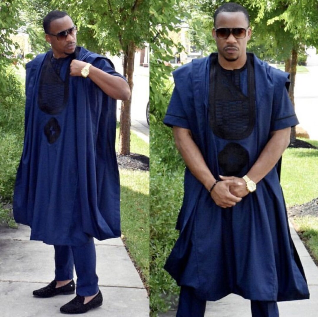 Black on Blue Agbada Short Sleeves, African Wedding Suit, Groomsmen ...