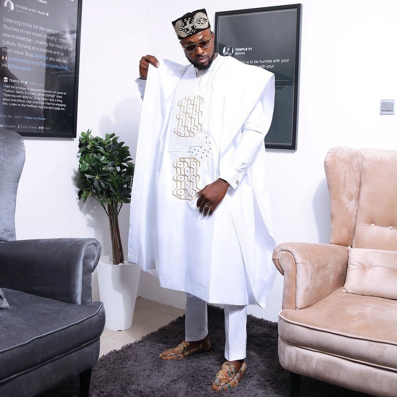 White Agbada With Gold Embroidery, African Wedding Suit, Groomsmen Suit ...
