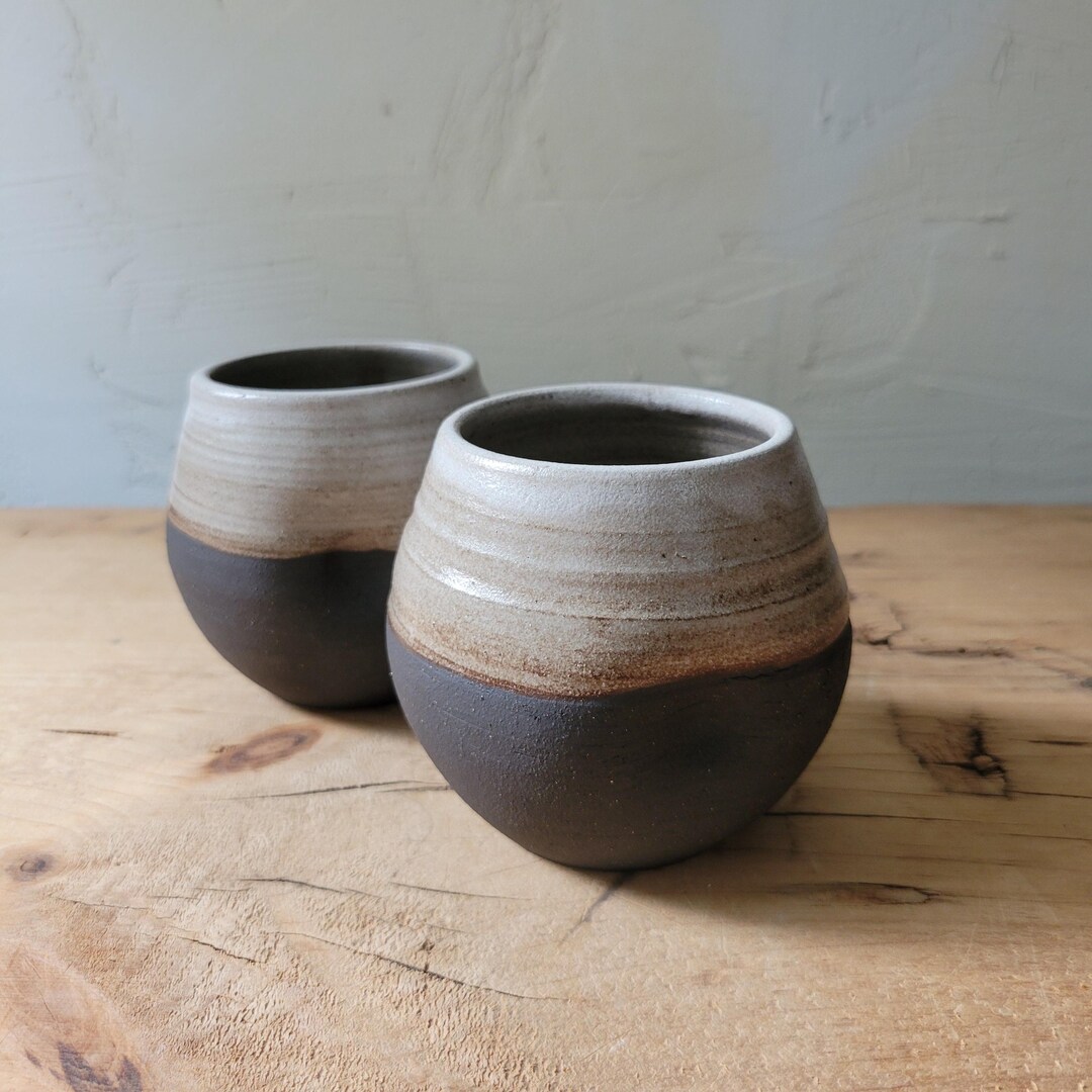 Set of 2 Dimple Wine Cups, Handmade Raw Black Stoneware/white Glaze - Etsy