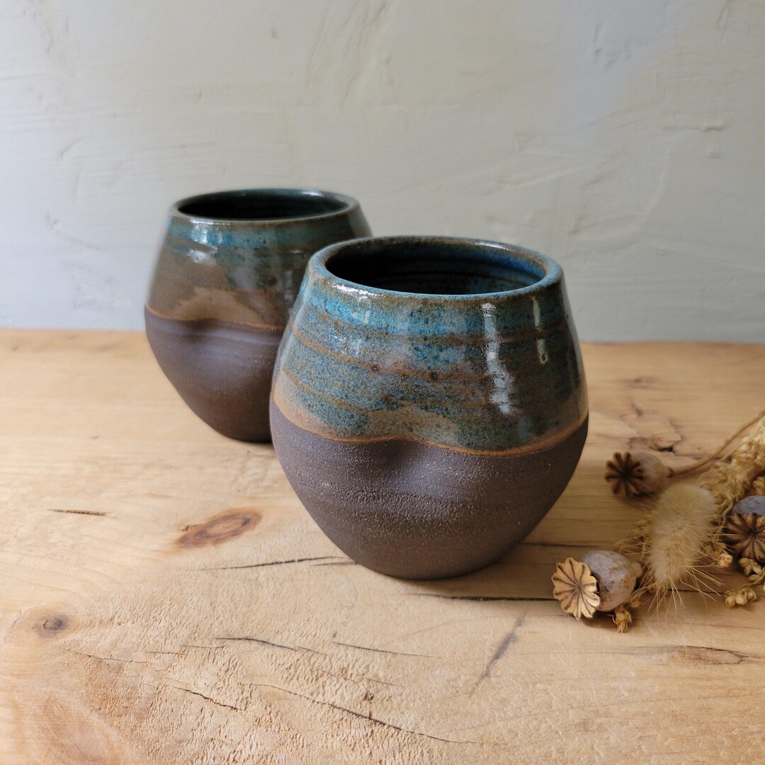 Set of 2 Dimple Wine Cups, Handthrown Bare Dark Stoneware/blue Green ...