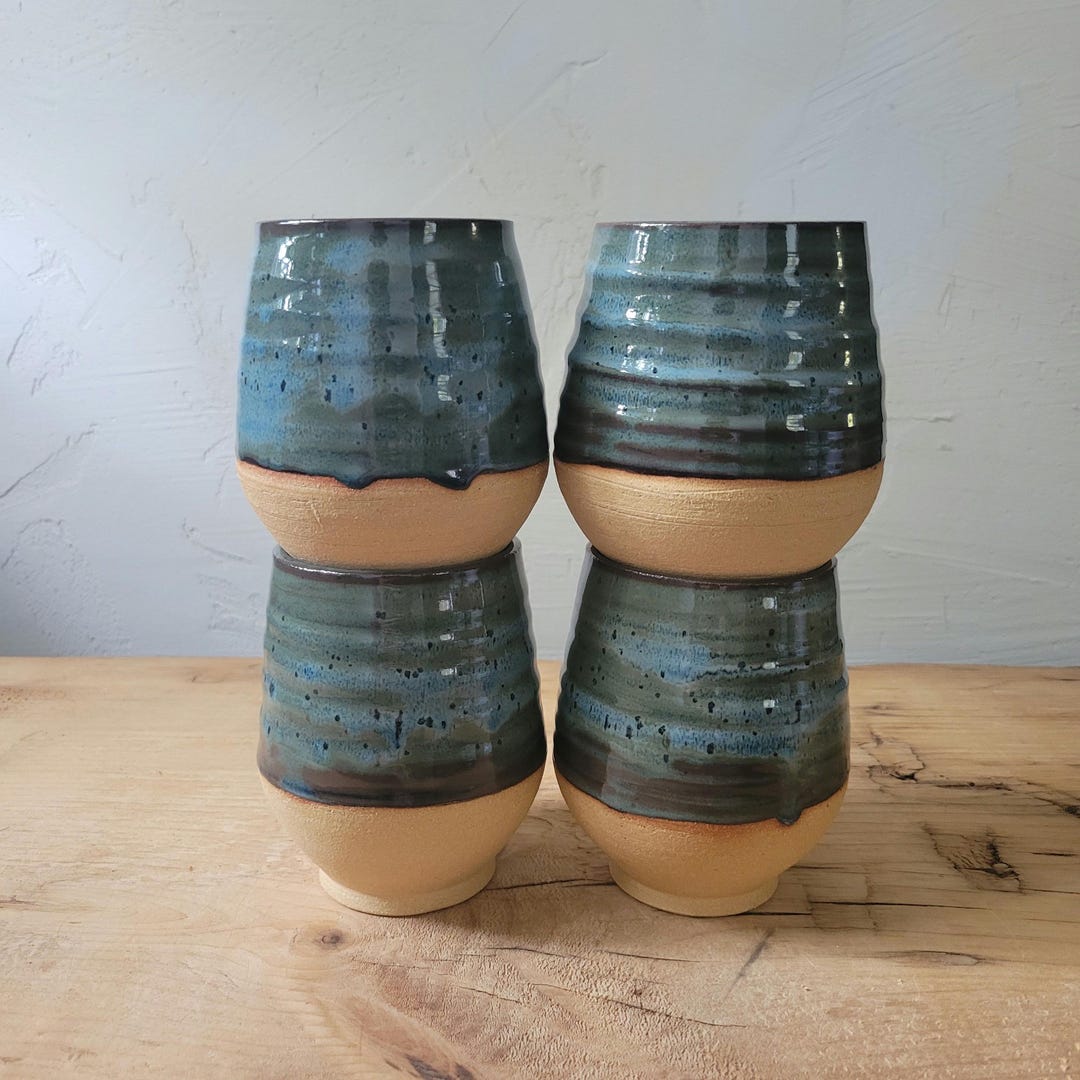 Set of 2 Ceramic Cups, Handleless Coffee Mug, Handthrown Stoneware ...