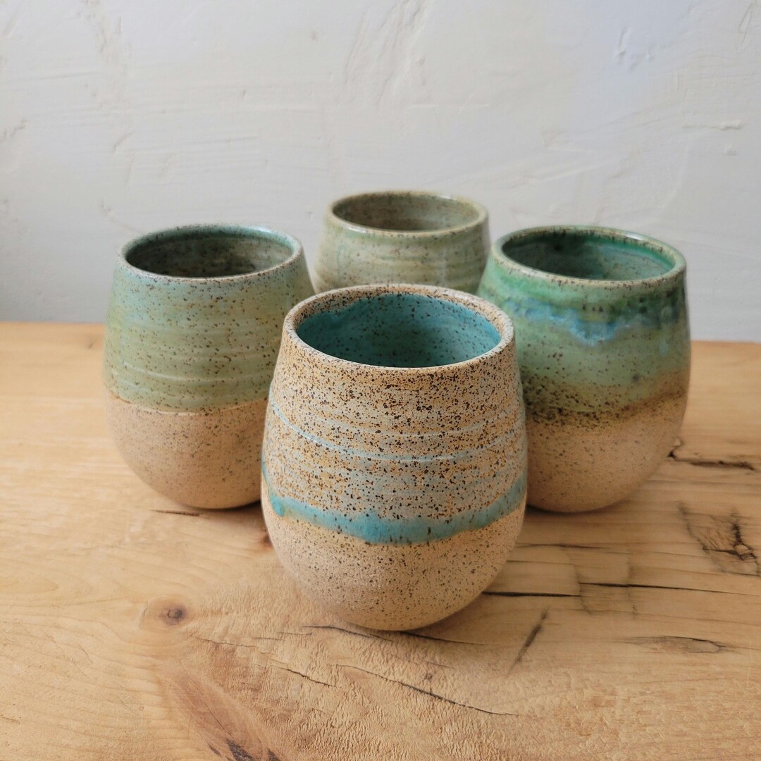 Set of 4 Speckled Stoneware Dimple Wine Cups, Handthrown Pottery/green ...