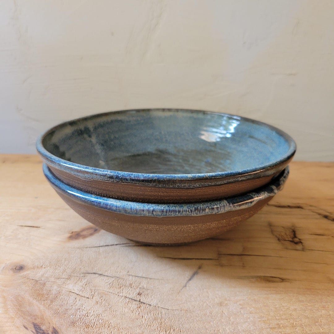 Set of 2 Pasta Bowls, Handmade Pottery Dark Raw Stoneware/surf Blue ...