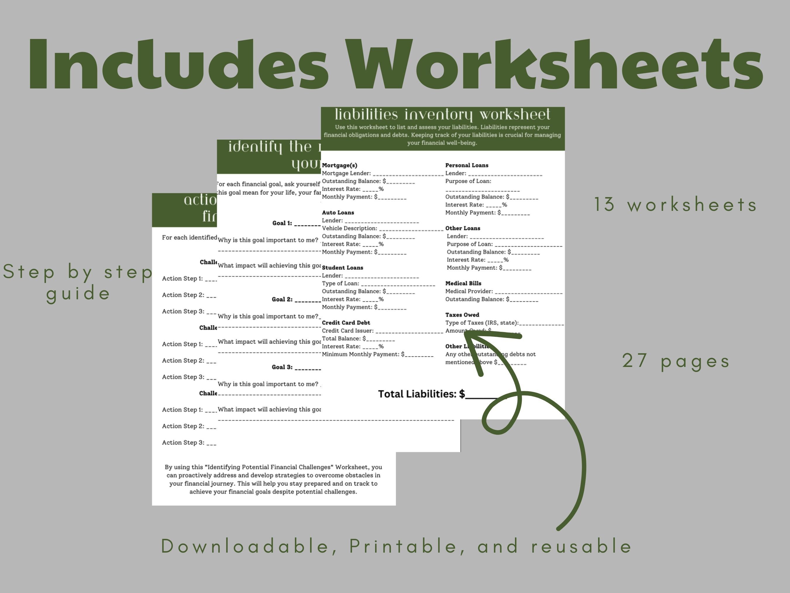 Financial Worksheets, Goal Setting, Growth Financially Independent - Etsy