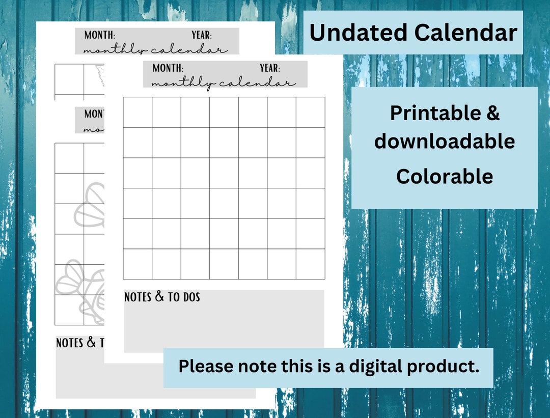Undated Printable Calendar Digital Calendar Colorable - Etsy