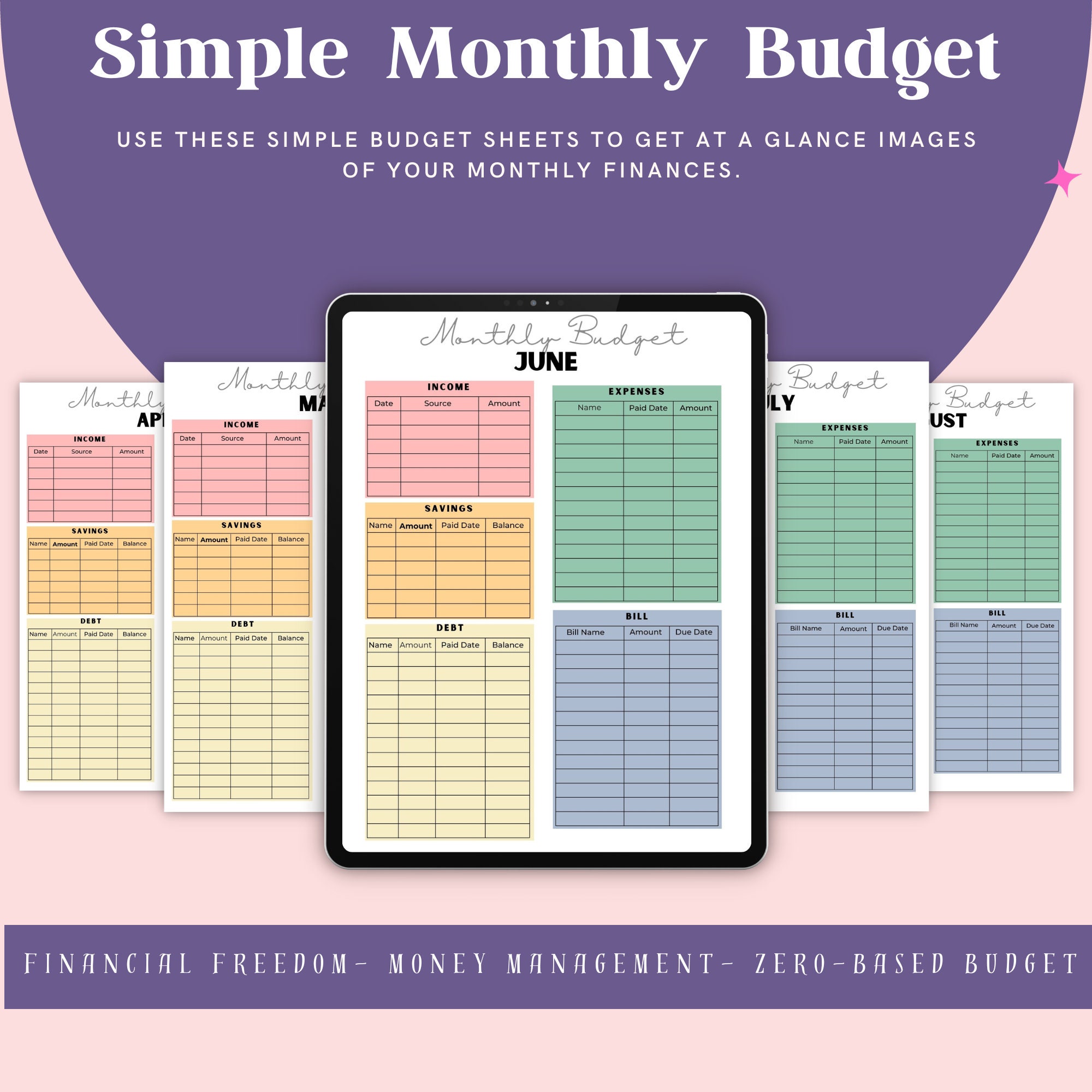 Simple Monthly Budget Planner, Zero Based Budget, Printable Planner for ...