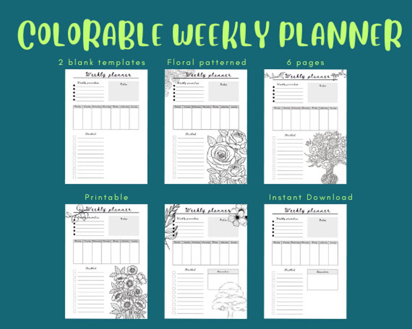 Colorable Weekly Planner: Floral Printable Agenda (letter & A5 ...